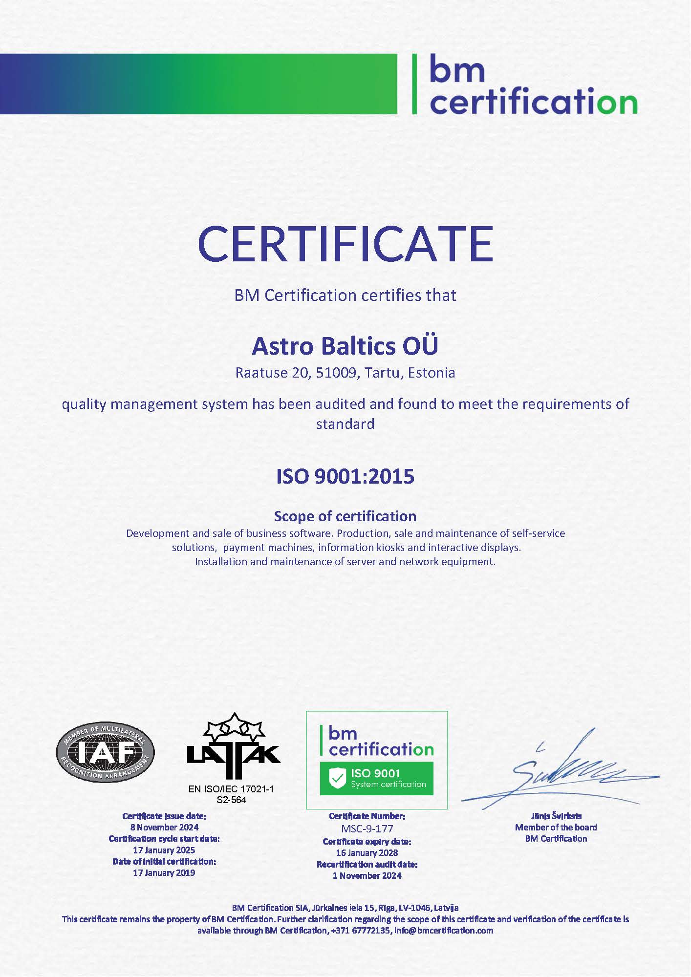 Astro Baltics renewed its international ISO certificates | Astro Baltics